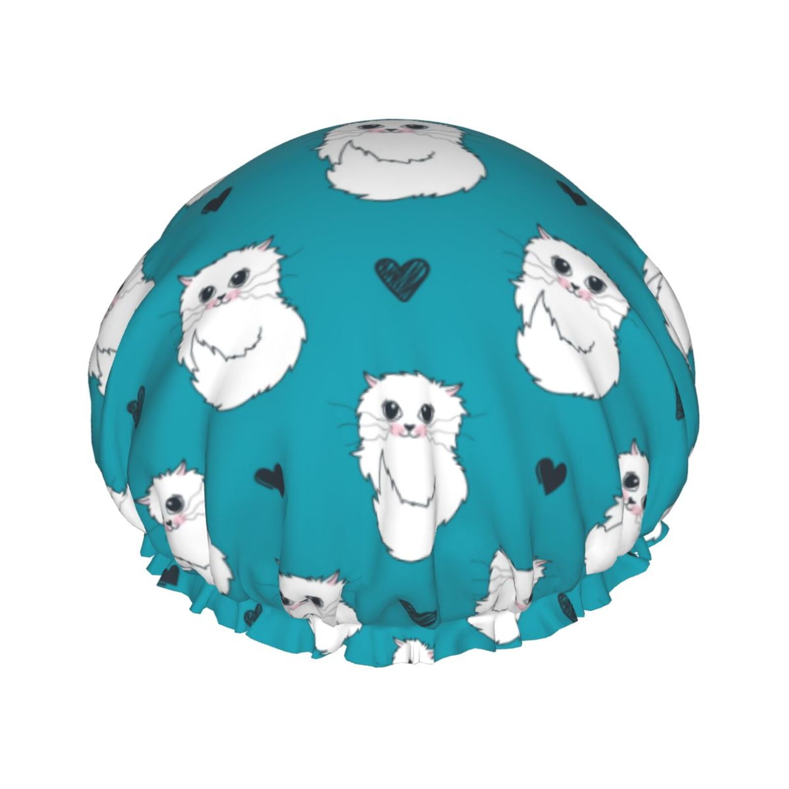 Artistic Line White Cute Cat Heart Shower Cap, Reusable Bath Hair Hat ...