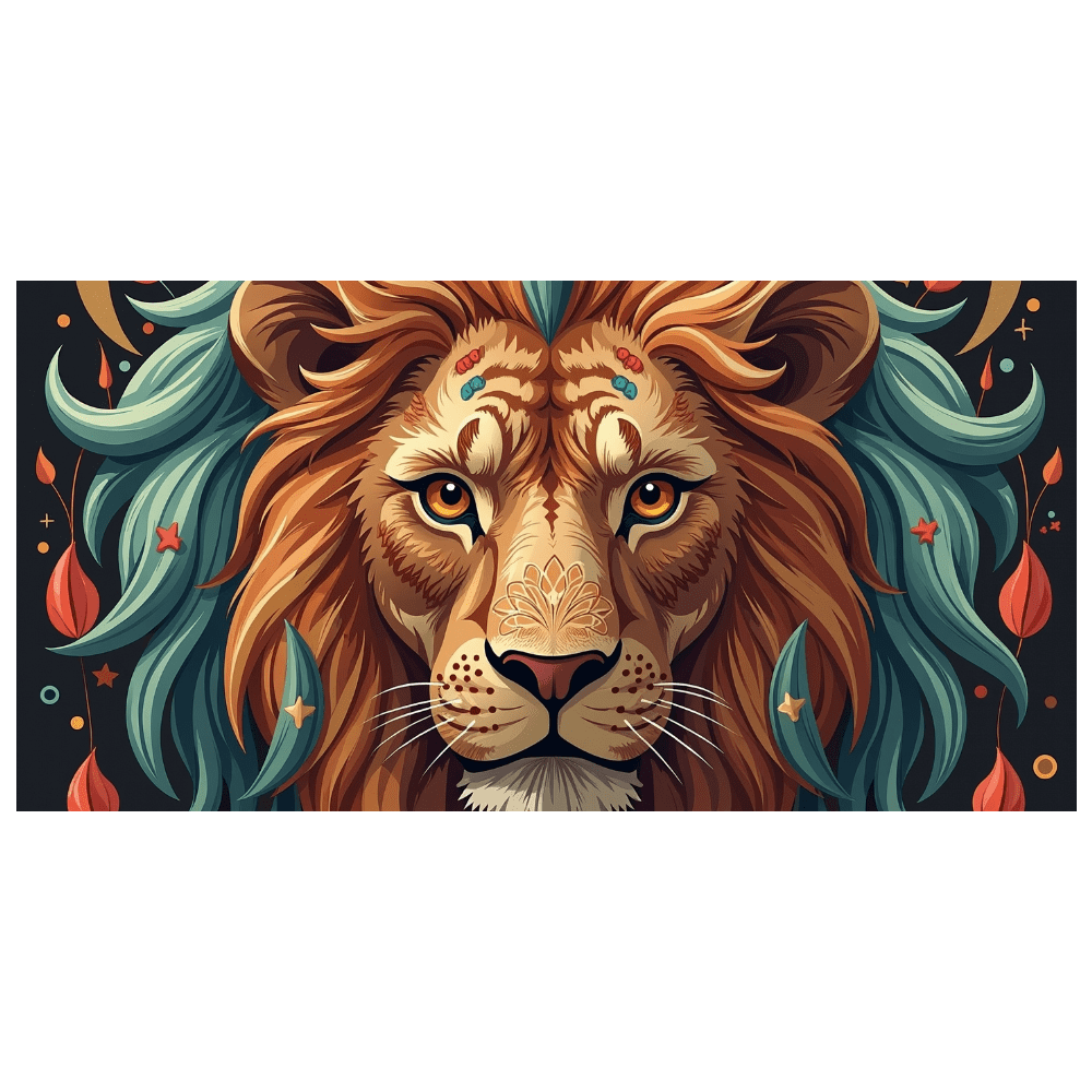 Artistic Lion Head Patterned Banner, Exquisite Decorations with Floral ...