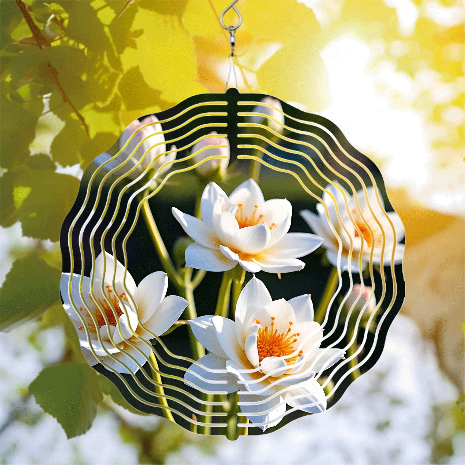 Artistic Metal Hanging Wind Spinner with Circular Floral Design & Wavy ...