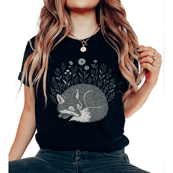 Artistic Natural Sleeping Fox Black S-5XL Women's Cotton Print Tshirt ...
