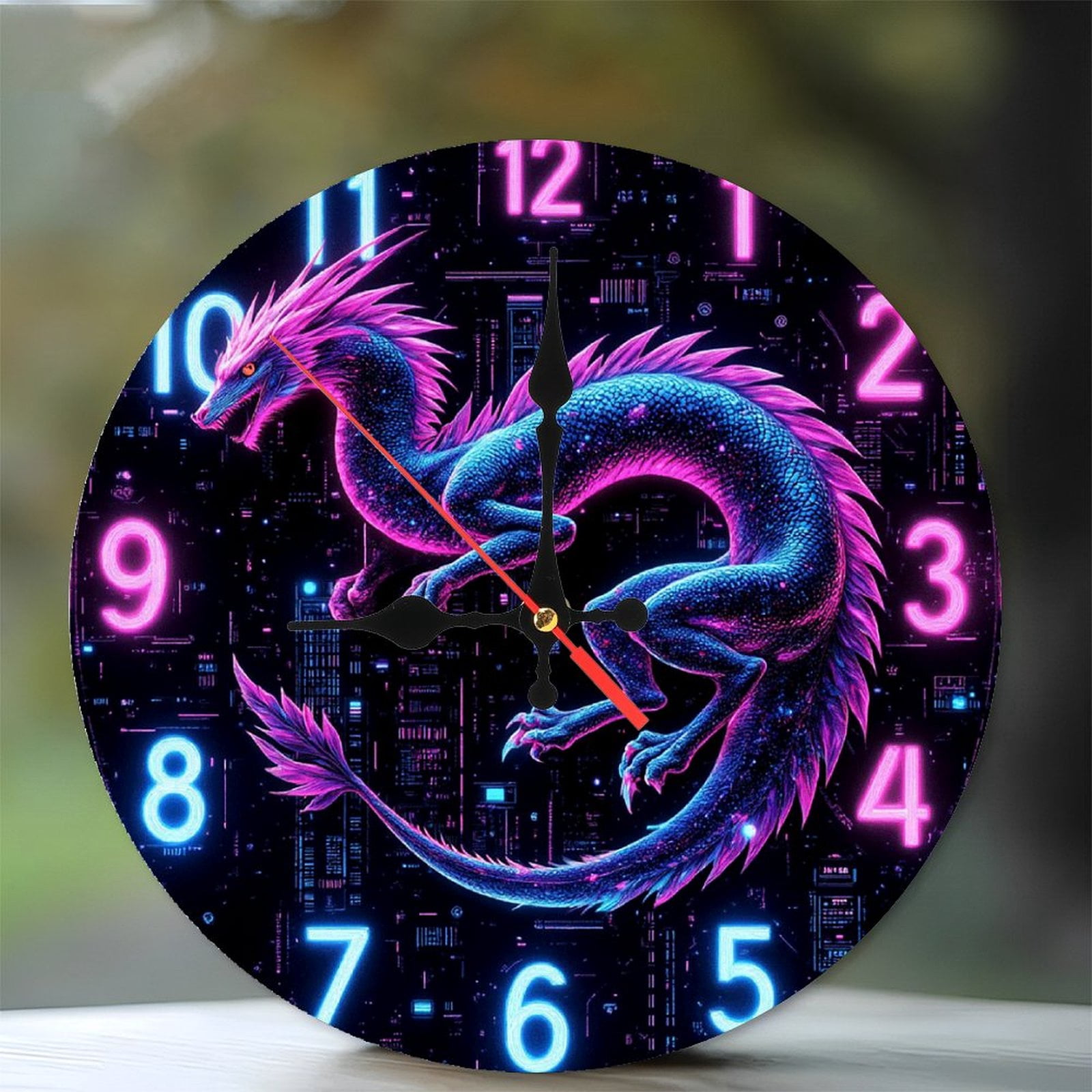 Artistic Neon Dragon Wall Clock Decor 10-Inch Silent Wooden Wall Clock ...