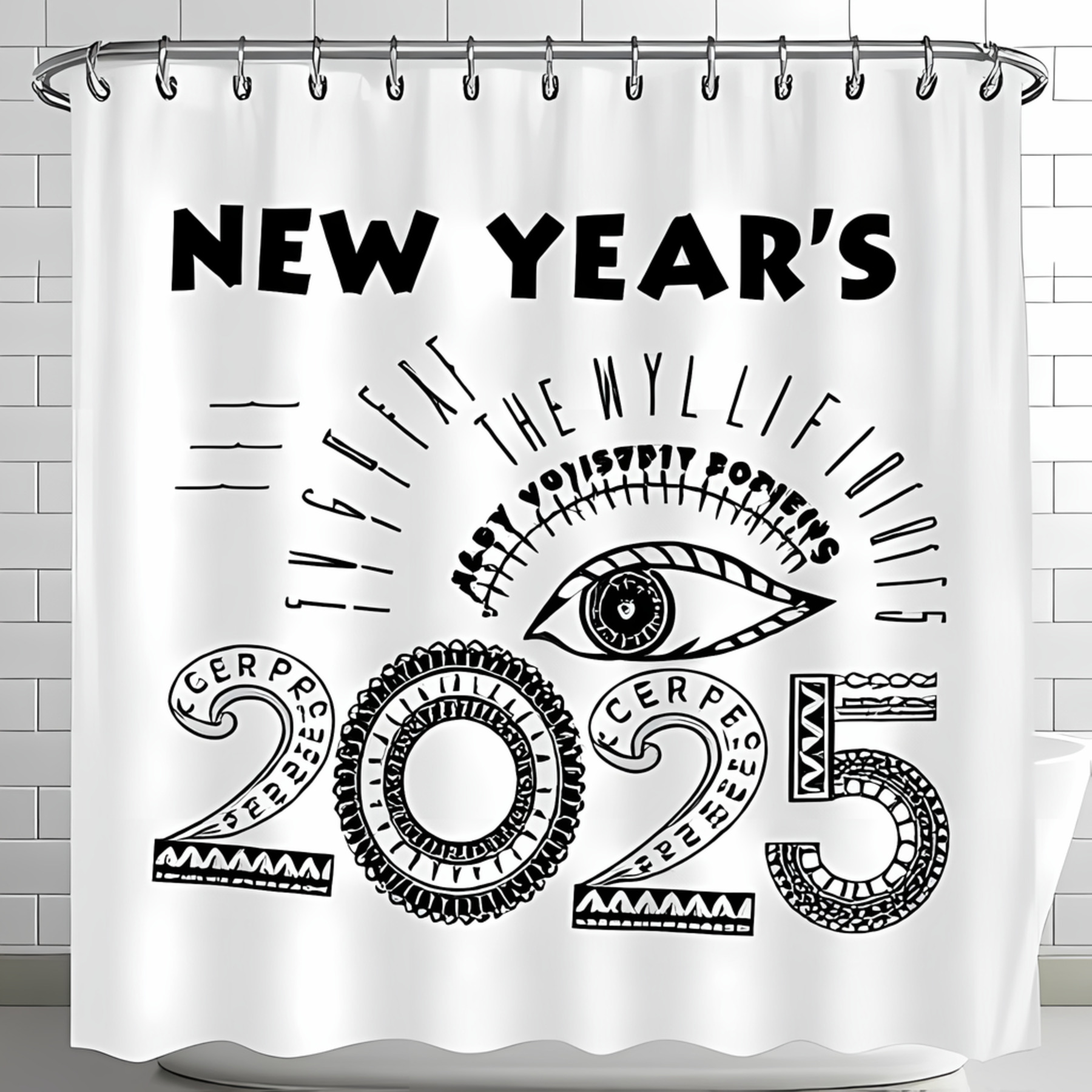 Artistic New Year 2025 Shower Curtain with Bold Numerals and Tribal ...
