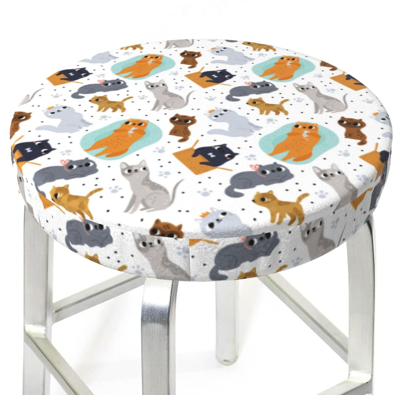 Artistic Painted Cute Cartoon Cat Round Bar Stool Covers, Soft Velvet ...