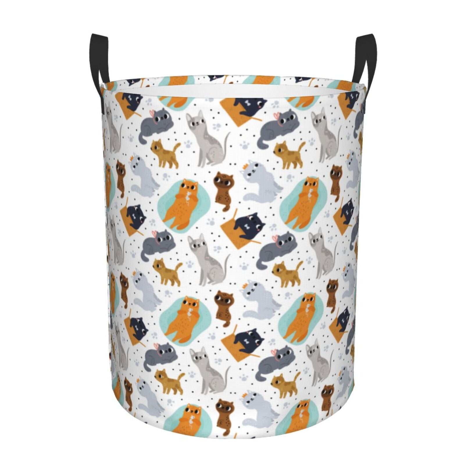 Artistic Painted Cute Cartoon Cat Round Laundry Basket, Laundry Hamper ...