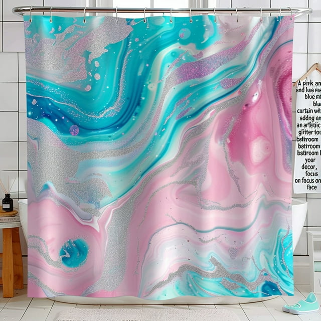 Artistic Pink And Blue Marble Shower Curtain With Glitter Accents