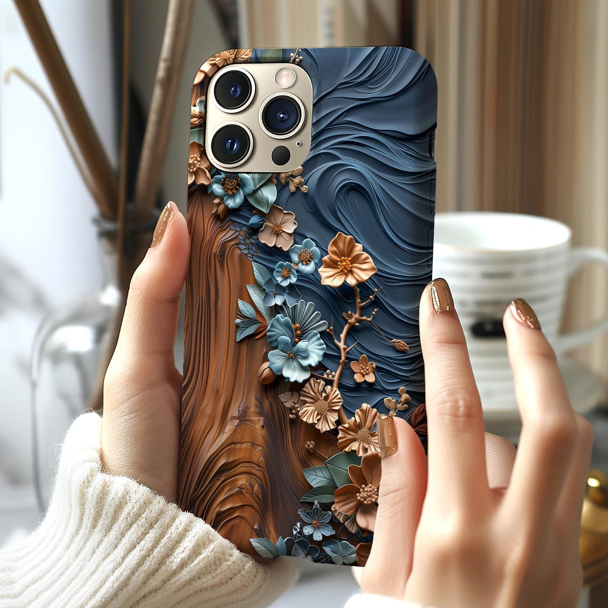 Artistic Rustic Nature Case with a 3D Wood Texture and Floral Design ...