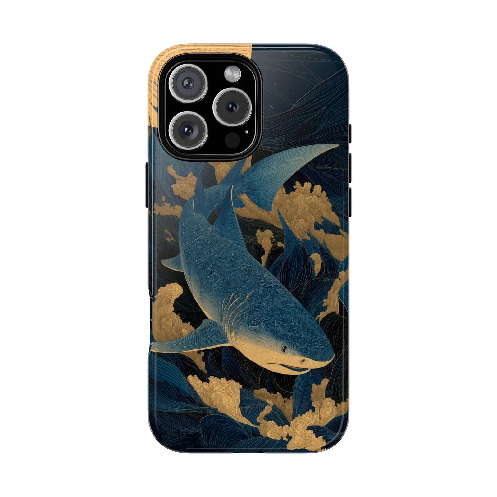 Artistic Shark Ocean Waves Gold Design Case iPhone 17 16 15 14 13 12 11 ...