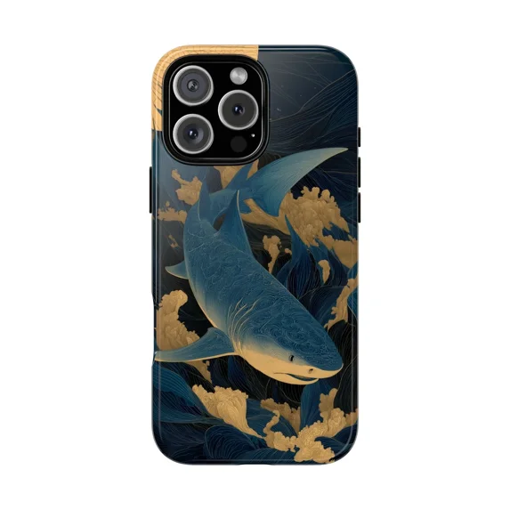 Artistic Shark Ocean Waves Gold Design Case iPhone 17 16 15 14 13 12 11 ...