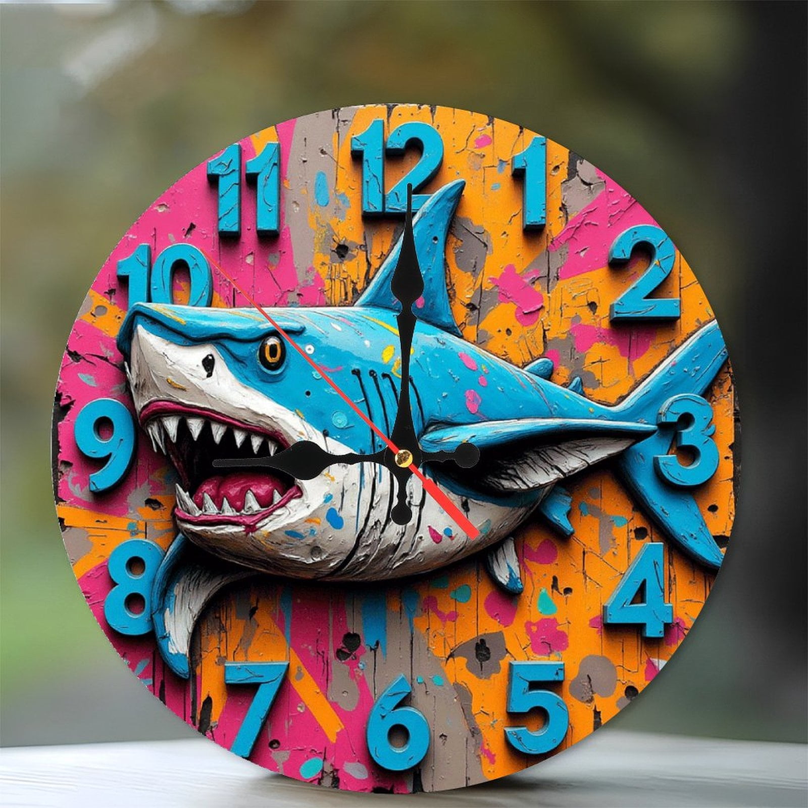 Artistic Shark Wall Clock Unique Home Decor 10-Inch Silent Wooden Wall ...