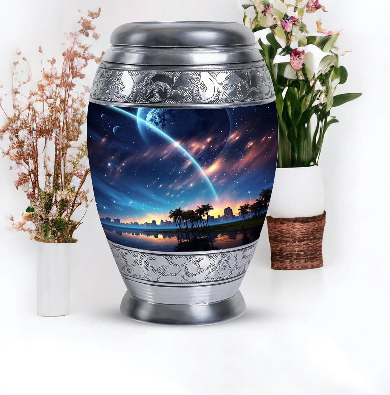 Artistic Silver Urn with Cosmic and Cityscape Design, Memorial Tribute ...