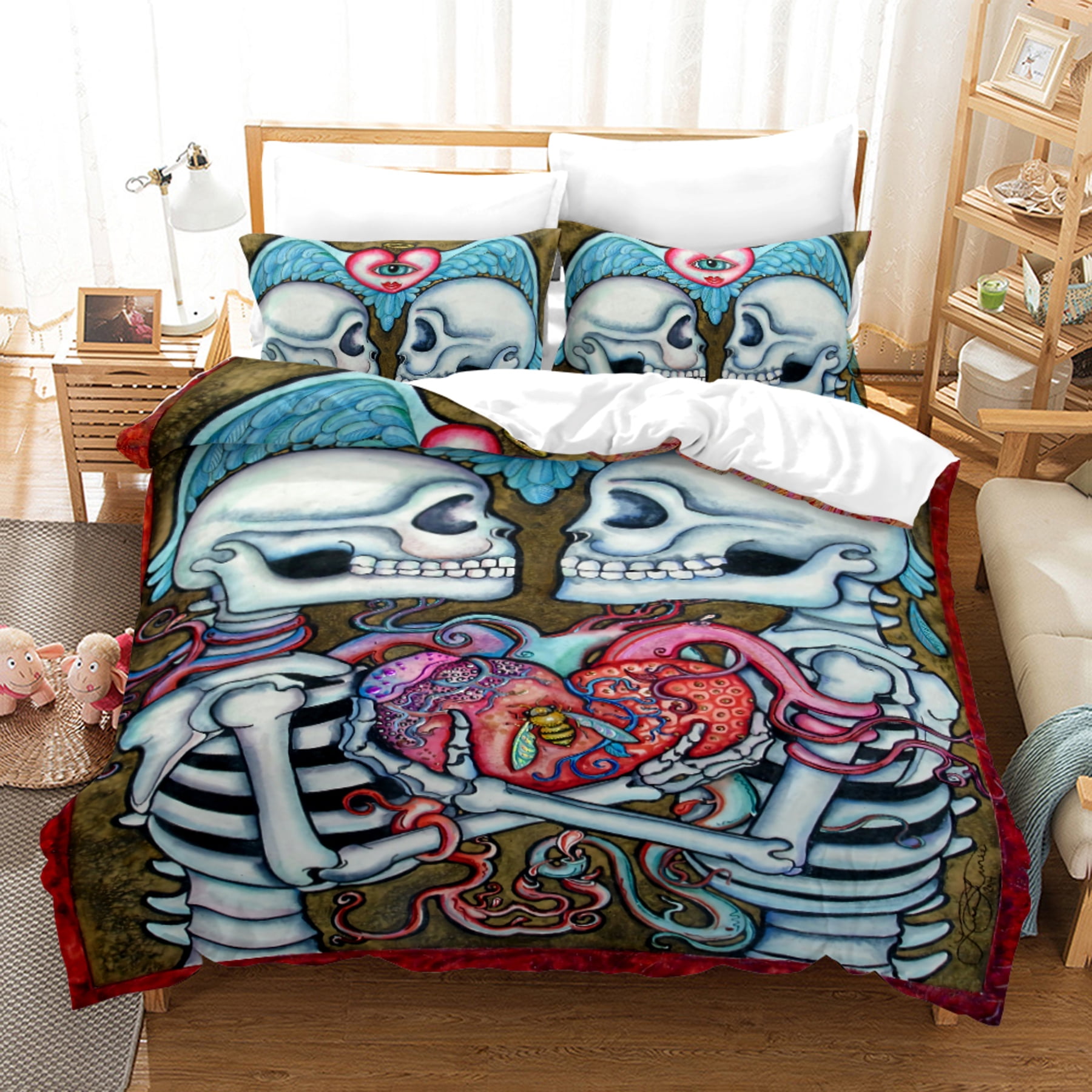 Artistic Skeleton Embrace Duvet Cover & Pillow Set Vibrant Heart Design ...
