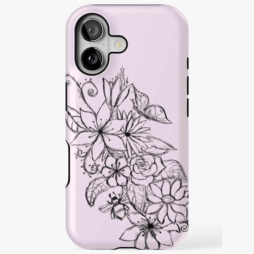 Artistic Sketch Floral Bee Butterfly Case iPhone 17 through 11 Pro Max ...