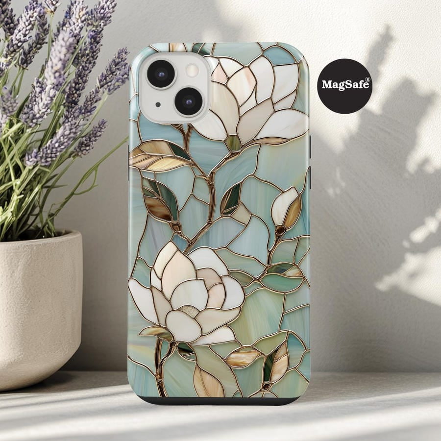 Artistic Stained Glass Magnolia Floral Mosaic Phone Case 11 12 13 14 15 ...