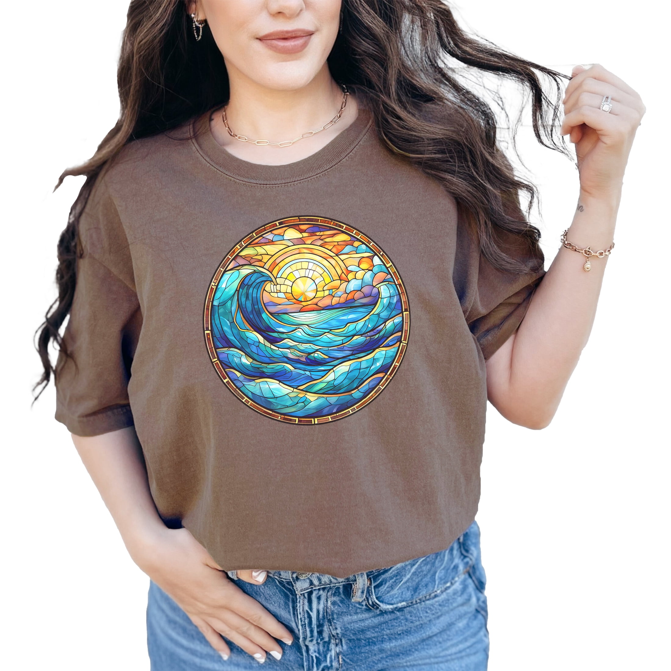 Artistic Stained Glass Ocean Wave T-Shirt, Sunrise Coastal Beach Tee ...