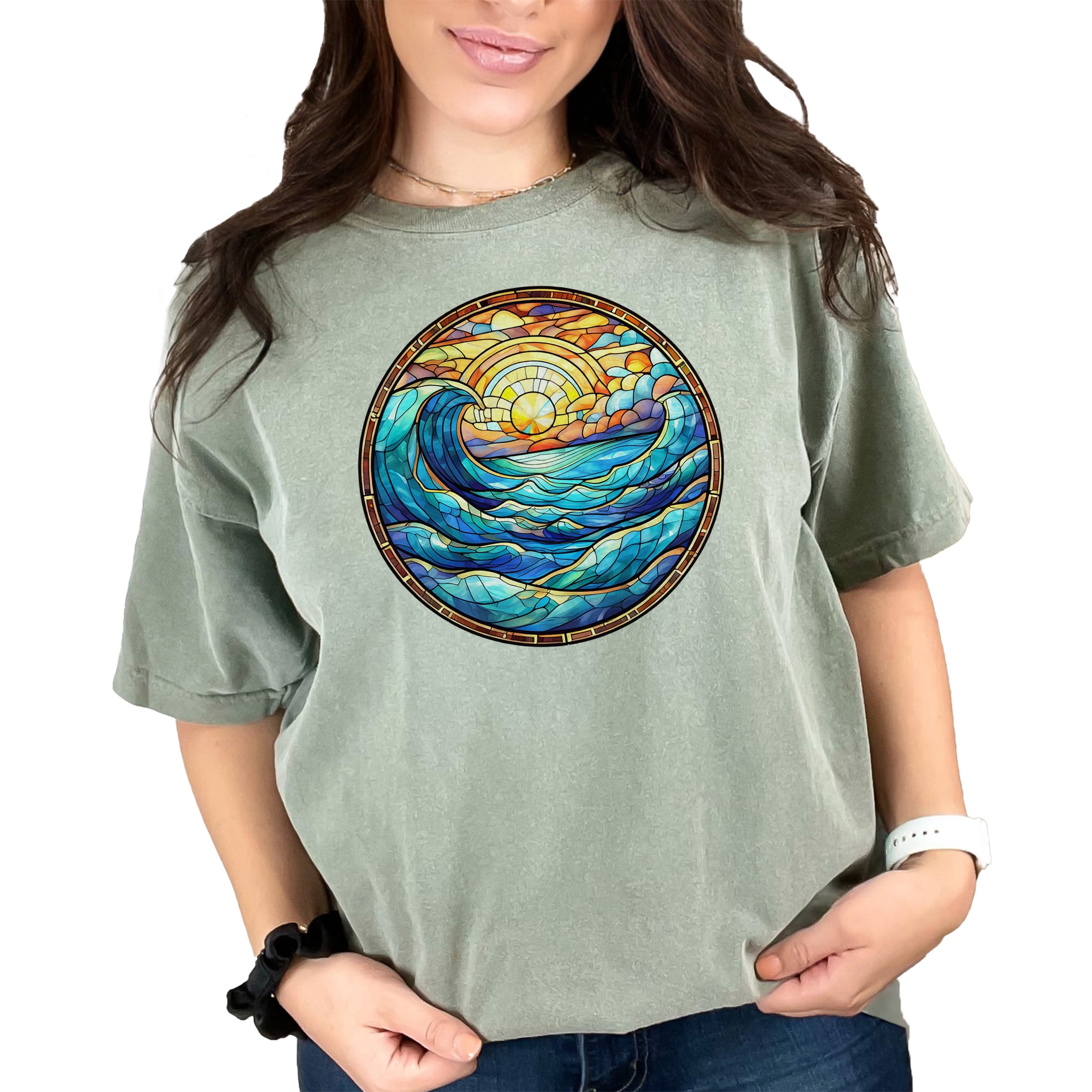 Artistic Stained Glass Ocean Wave T-Shirt, Sunrise Coastal Beach Tee ...
