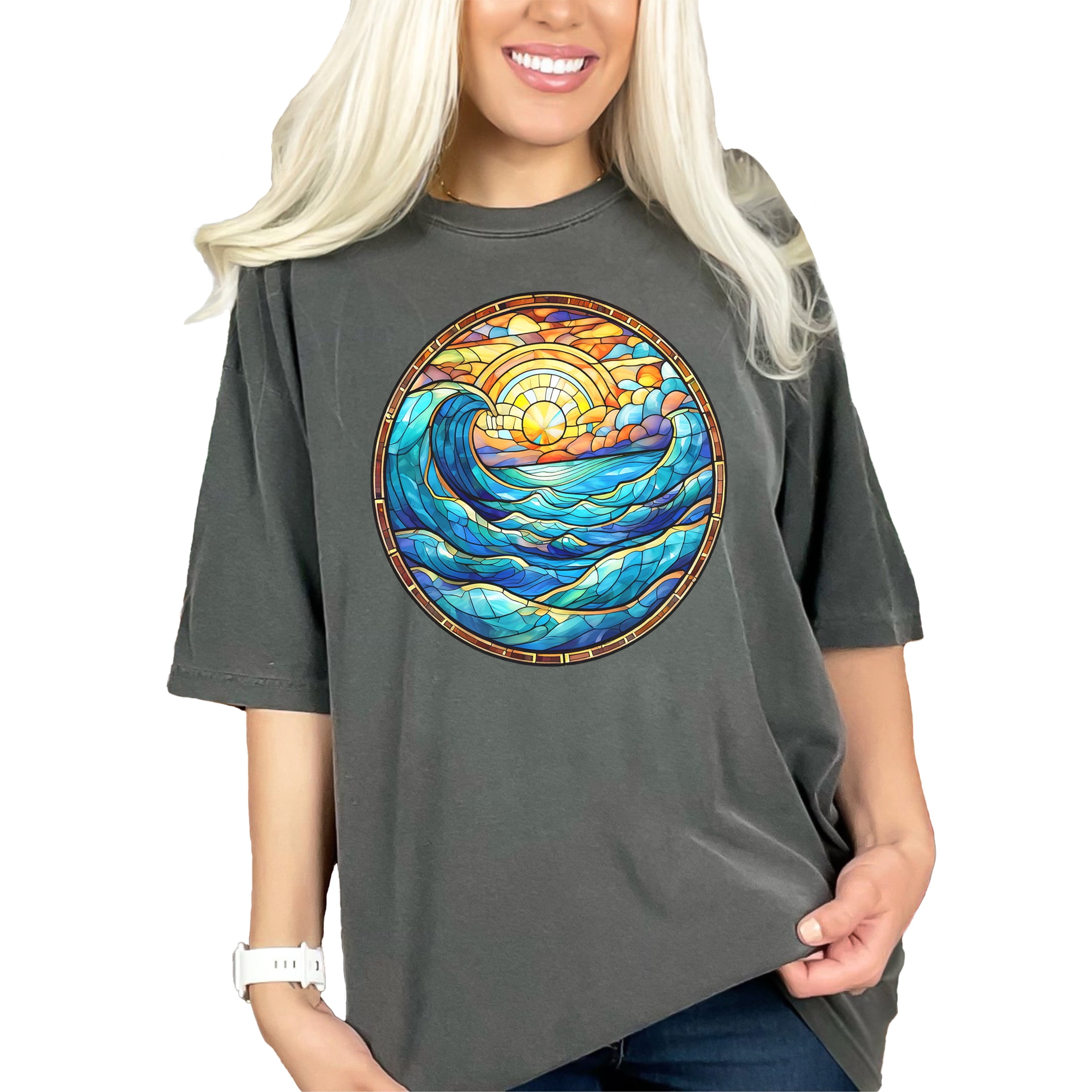 Artistic Stained Glass Ocean Wave T-Shirt, Sunrise Coastal Beach Tee ...