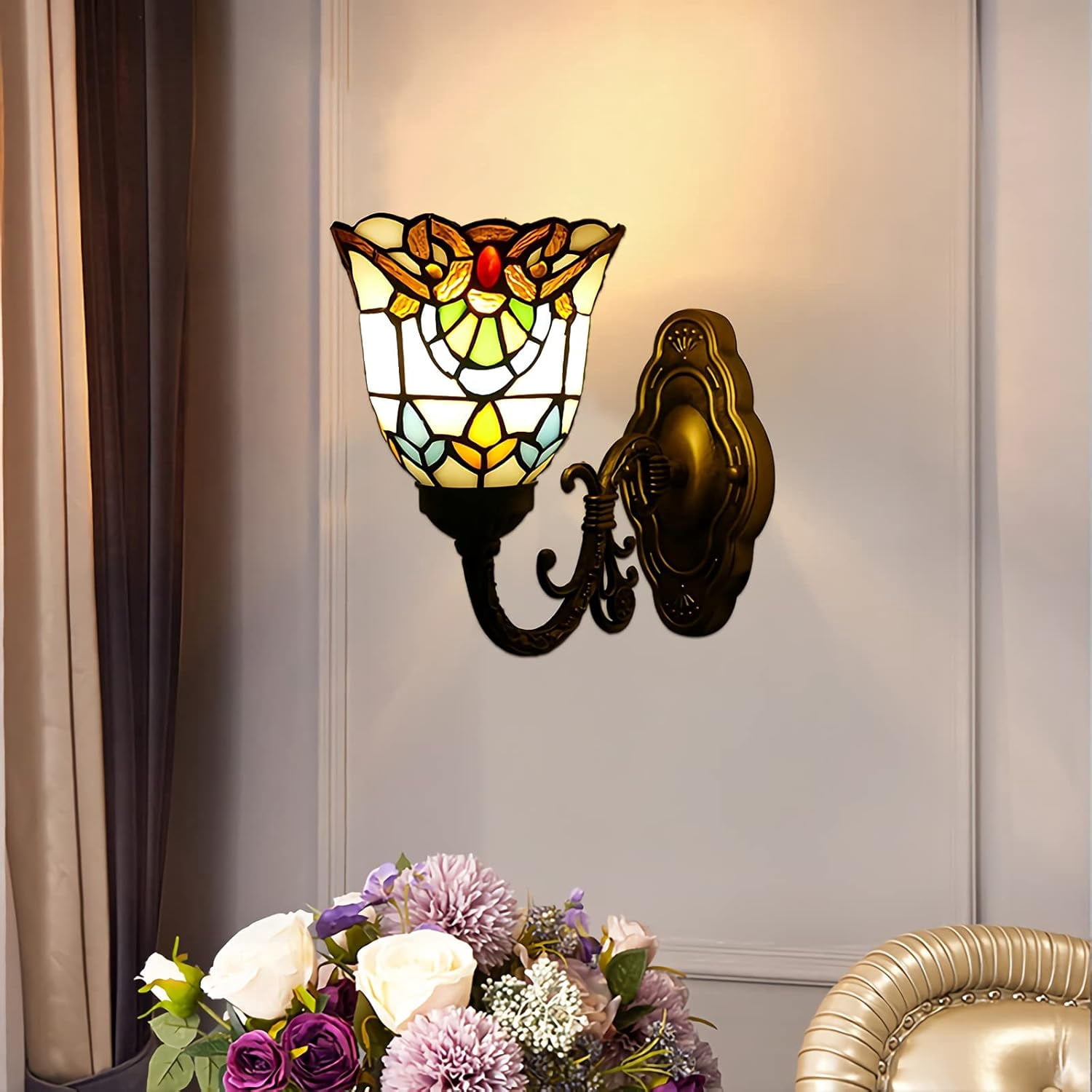 Artistic Style Wall Sconces, 15cm Stained Glass Shade Wall Lamp, Metal ...