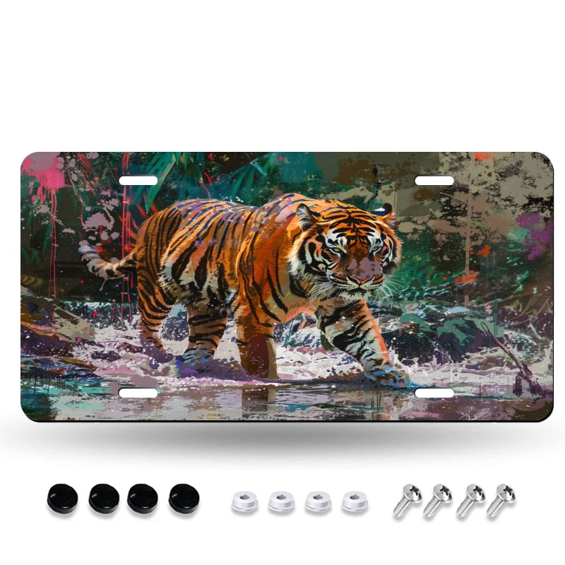 Artistic Tiger Walking Through a Splash - Filled Jungle License Plate ...