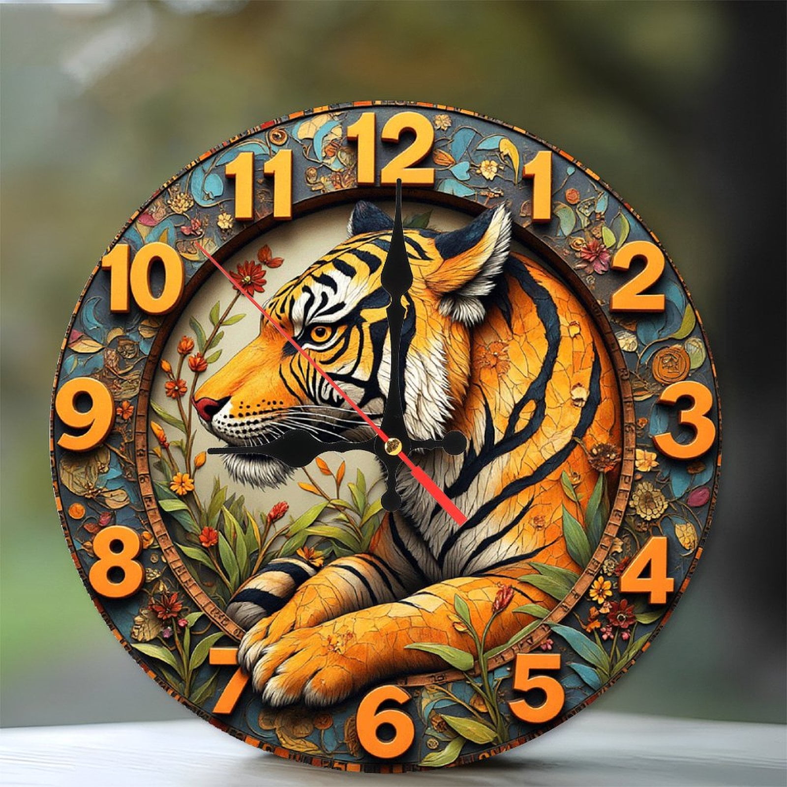 Artistic Tiger Wall Clock with Floral Design 10-Inch Silent Wooden Wall ...