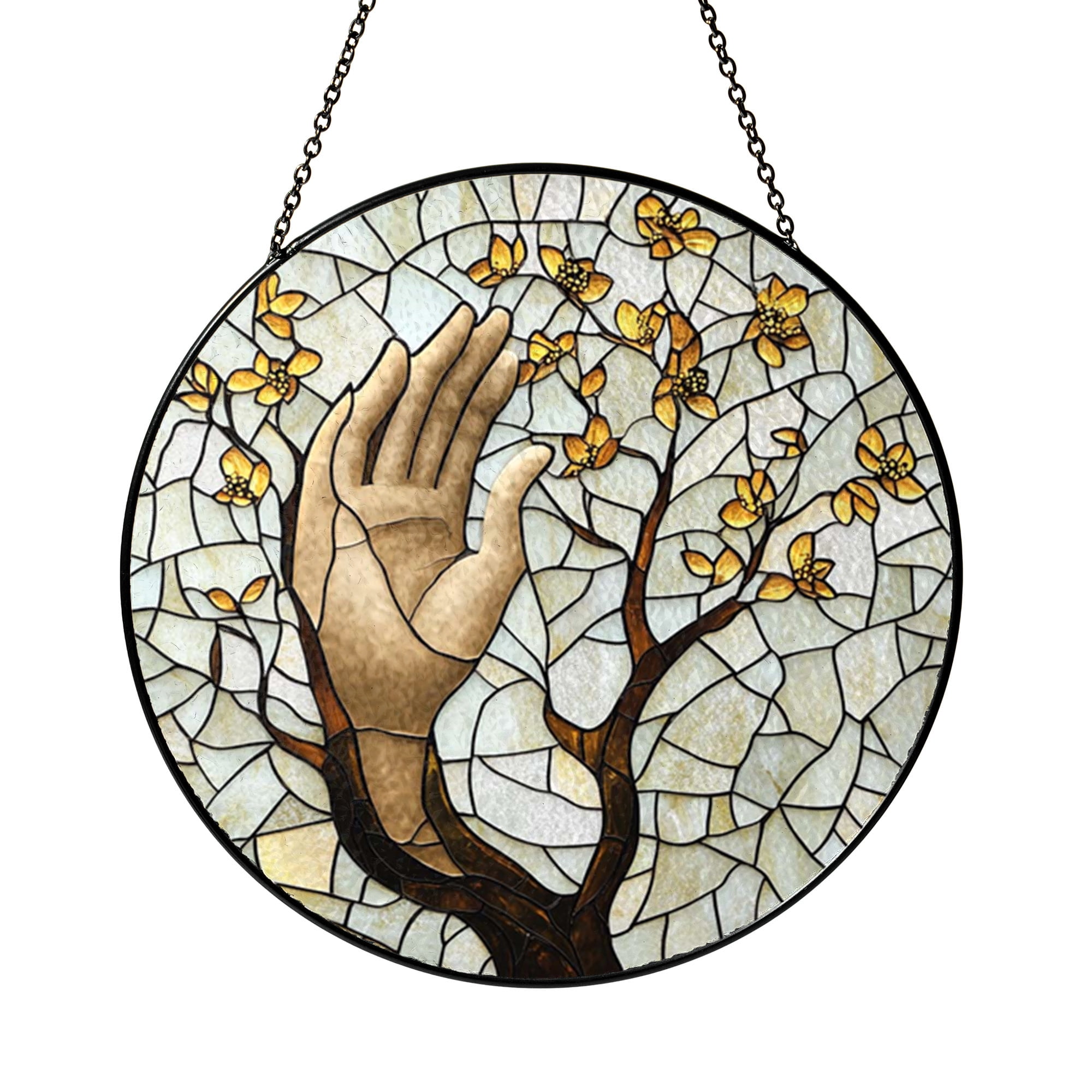 Artistic Tree and Hand Design Stained Glass Window Hanging, Decorative ...