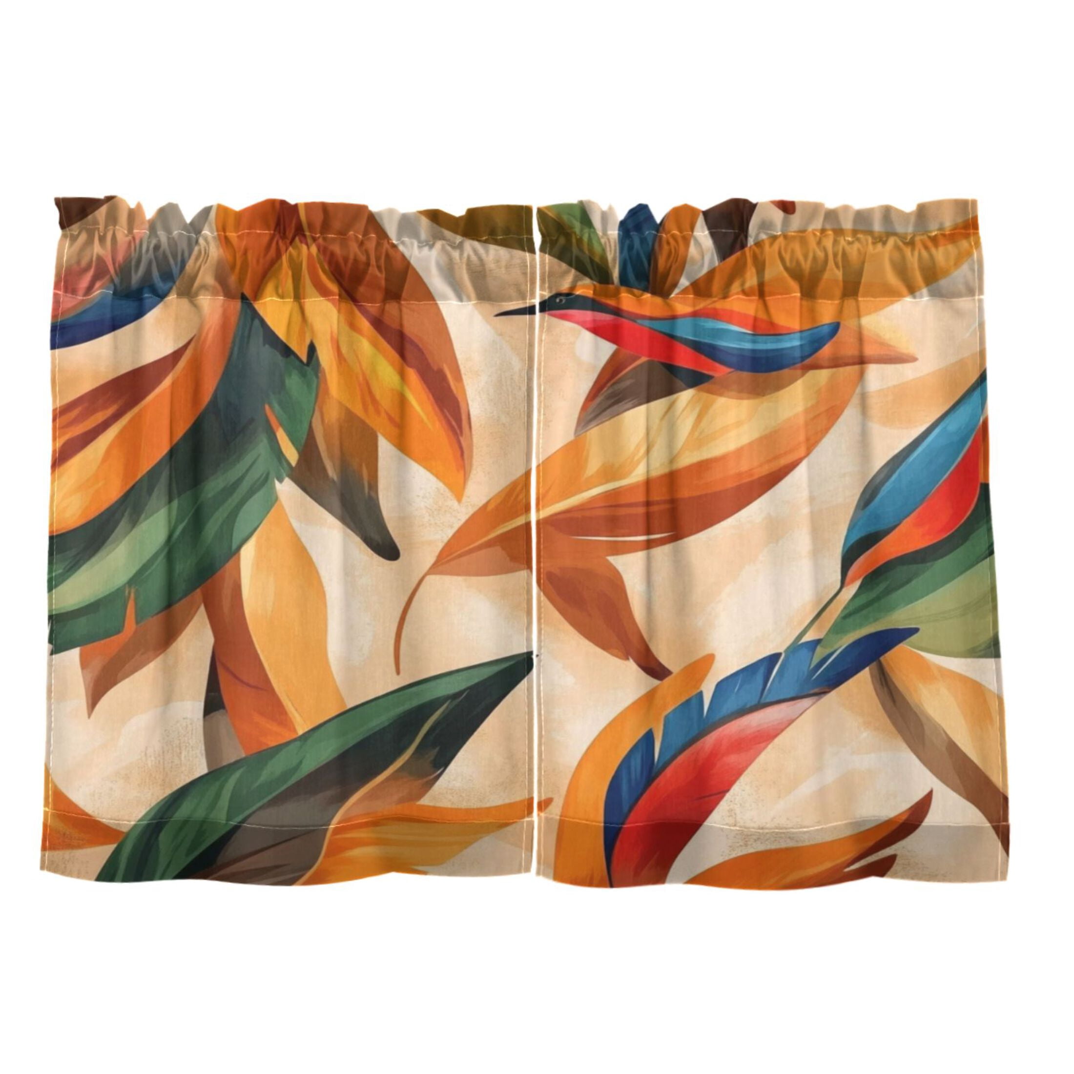 Artistic Tropical Leaf Bird 27"x24" Linen Look Cafe Curtain Set with ...