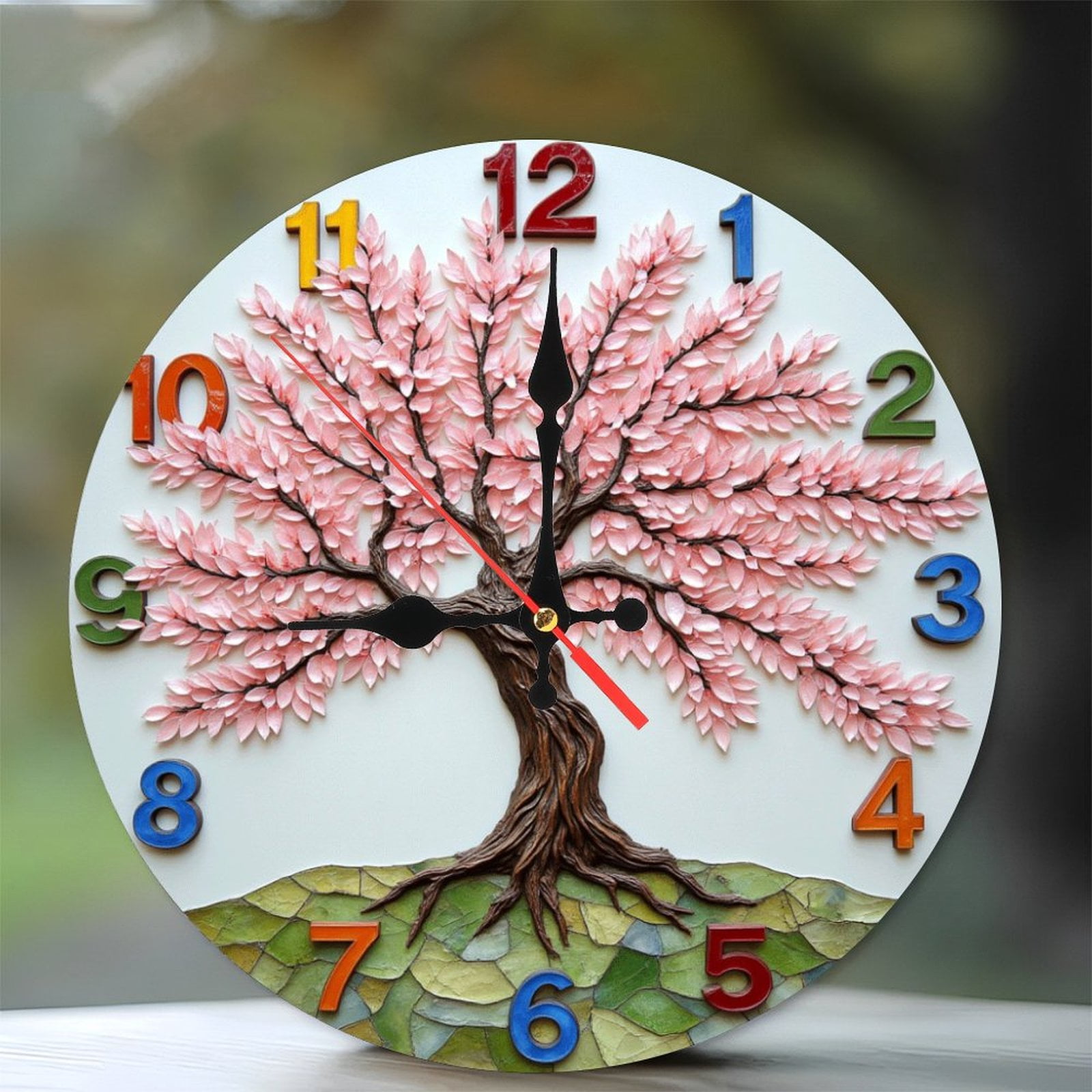 Artistic Wall Clock with Cherry Blossom Tree Design 10-Inch Silent ...
