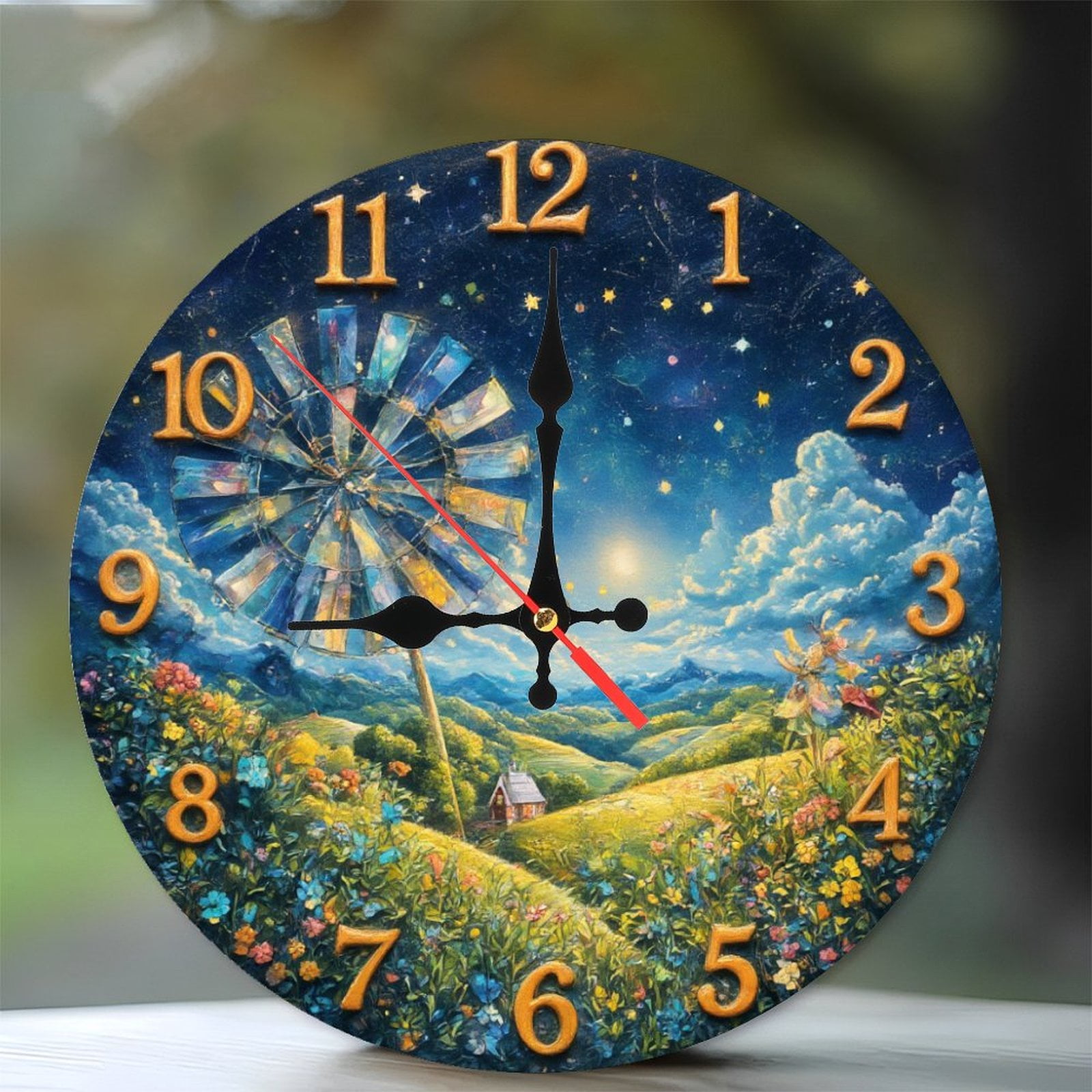 Artistic Windmill Landscape Wall Clock Home Decor 10-Inch Silent Wooden ...