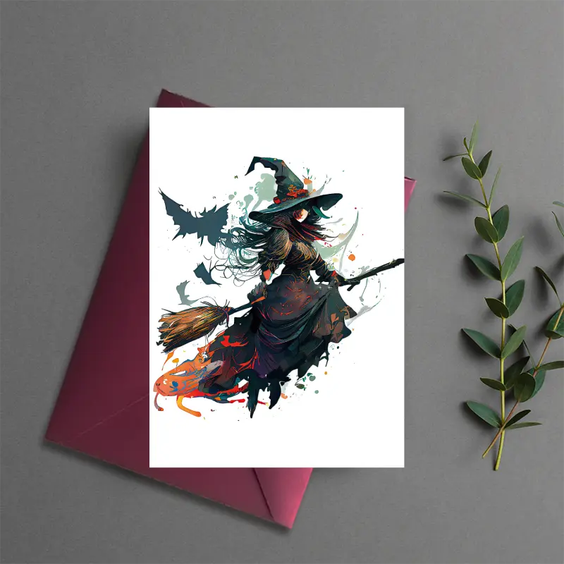 Artistic Witch Greeting Card – Halloween Witch on Broomstick Design ...