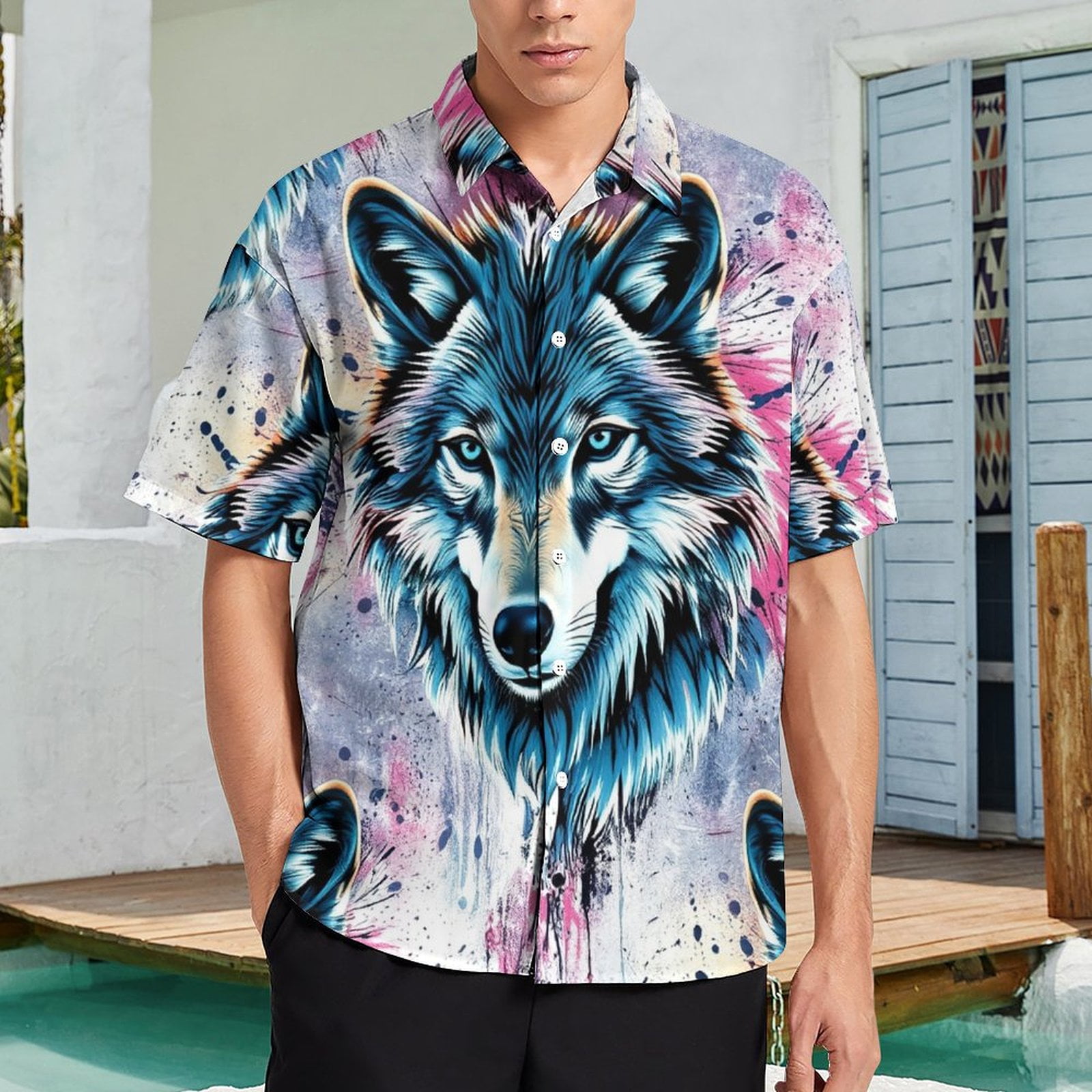 Artistic Wolf Splash Art Male Retro Print Casual Shirts Hawaiian Short ...