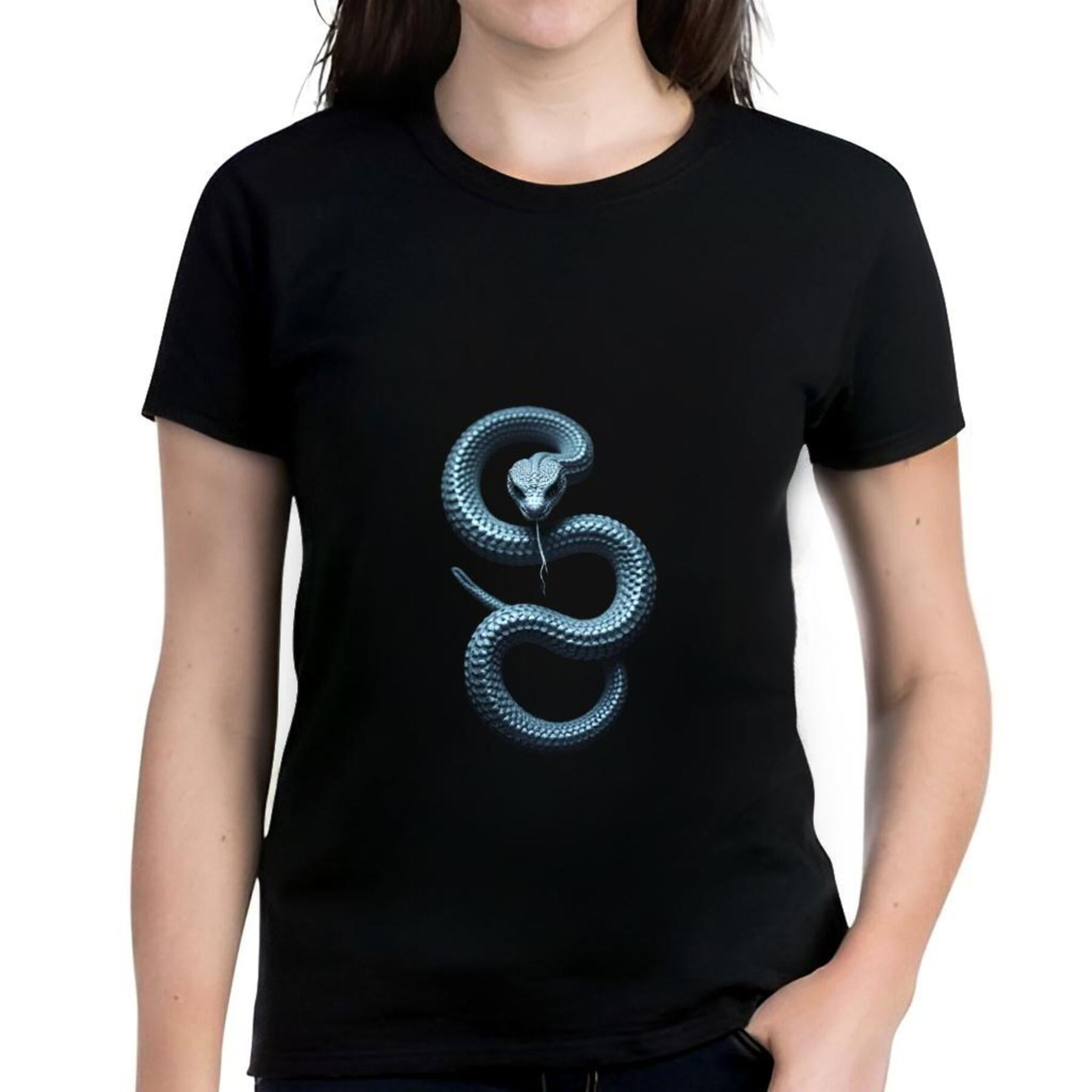 Artistic Women's Cotton Short Sleeve T-Shirt with Intricate Blue Snake ...