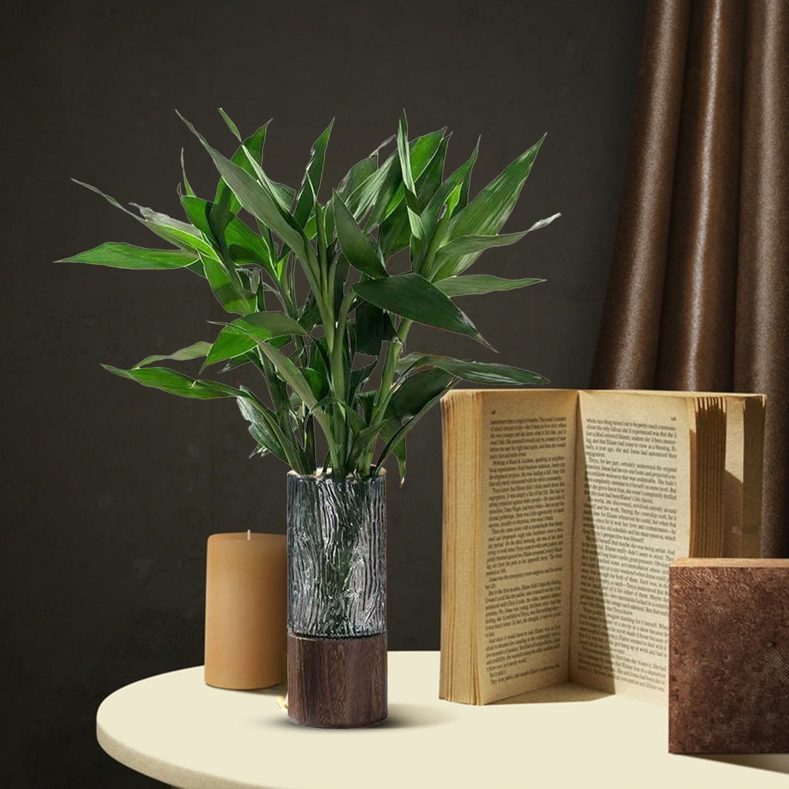 Artistic Wood Glass Vase, 10" H, Wooden Base Cylindrical Flower Vase ...