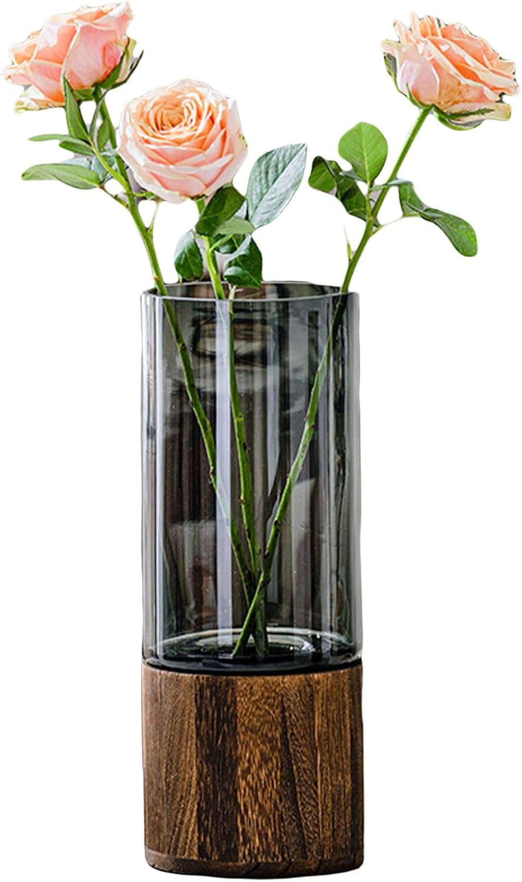 Artistic Wood Glass Vase, Wooden Base Cylindrical Flower Vase, Classic ...