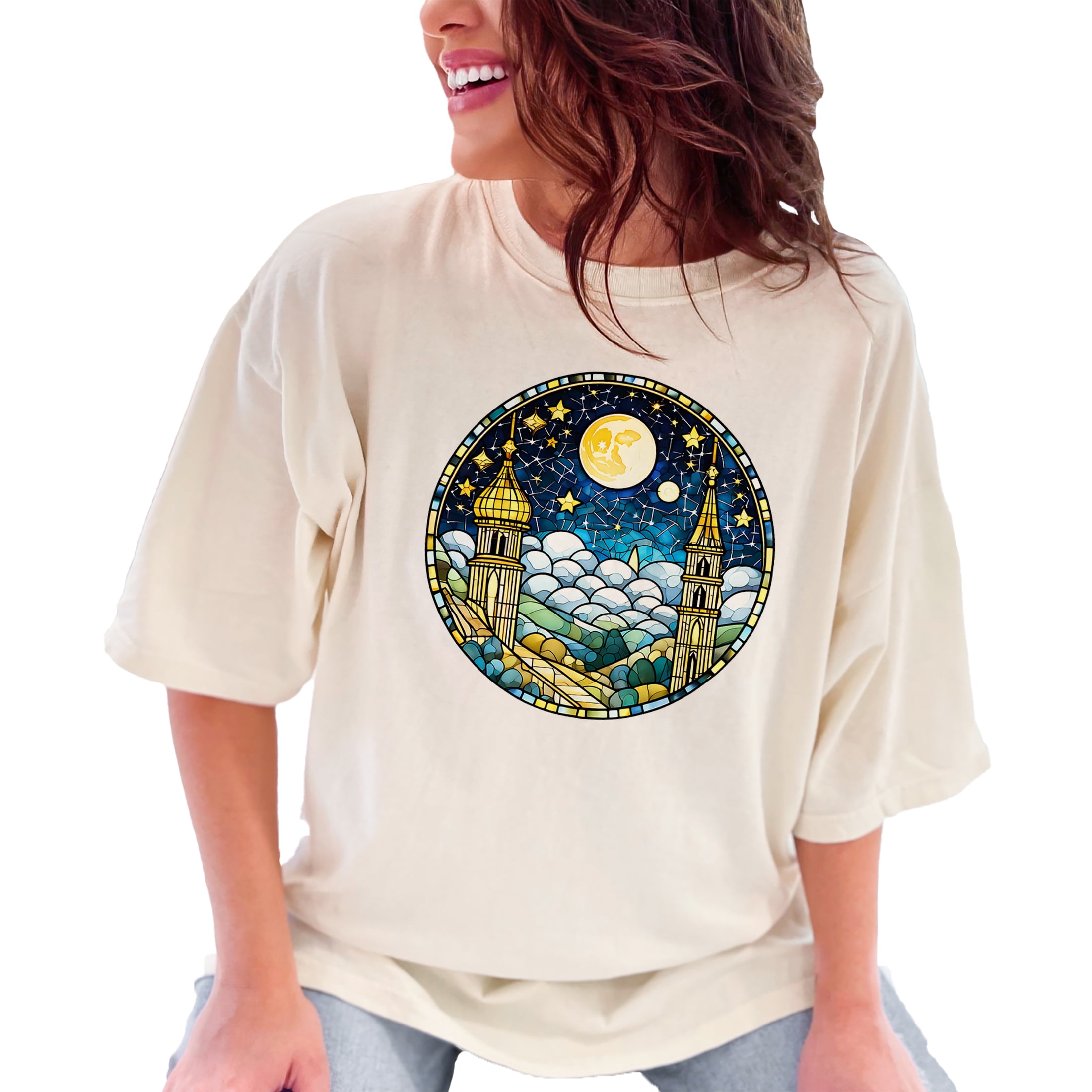 Artistic moonlit landscape illustration t shirt, stained glass inspired ...
