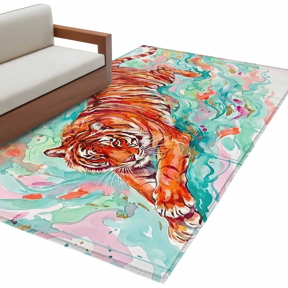 Artistical Tiger Area Rug 4x6 Washable Rug Non Slip Turquoise Pink ...