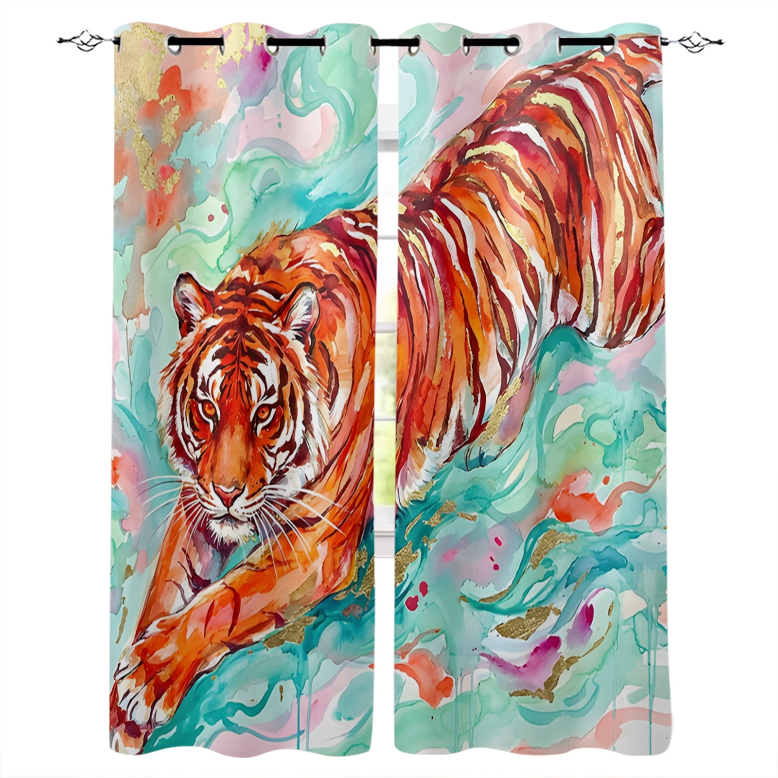 Artistical Tiger Kitchen Curtains Turquoise Pink Modern Art Oil ...