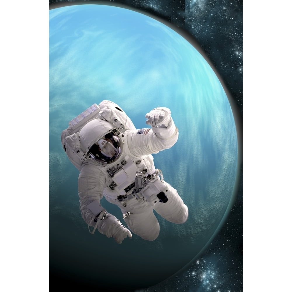 Artists concept of an astronaut floating in outer space by a water ...