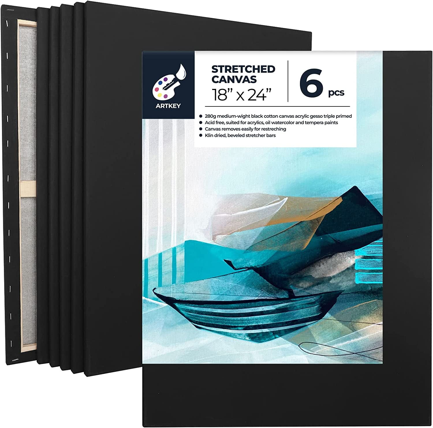 Artkey Black Canvas, 18"x24"-6 Pack , 100% Cotton Black Stretched ...