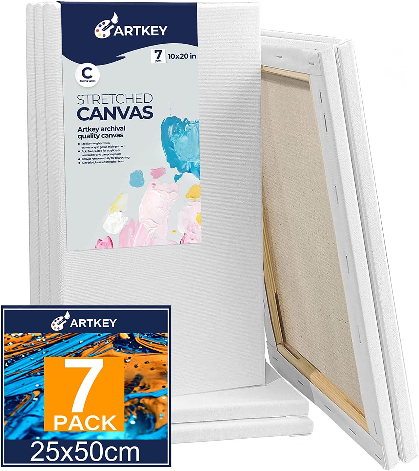 Artkey Stretched Canvas, 10"x20"-7 Pack,100% Cotton Acid-Free White ...