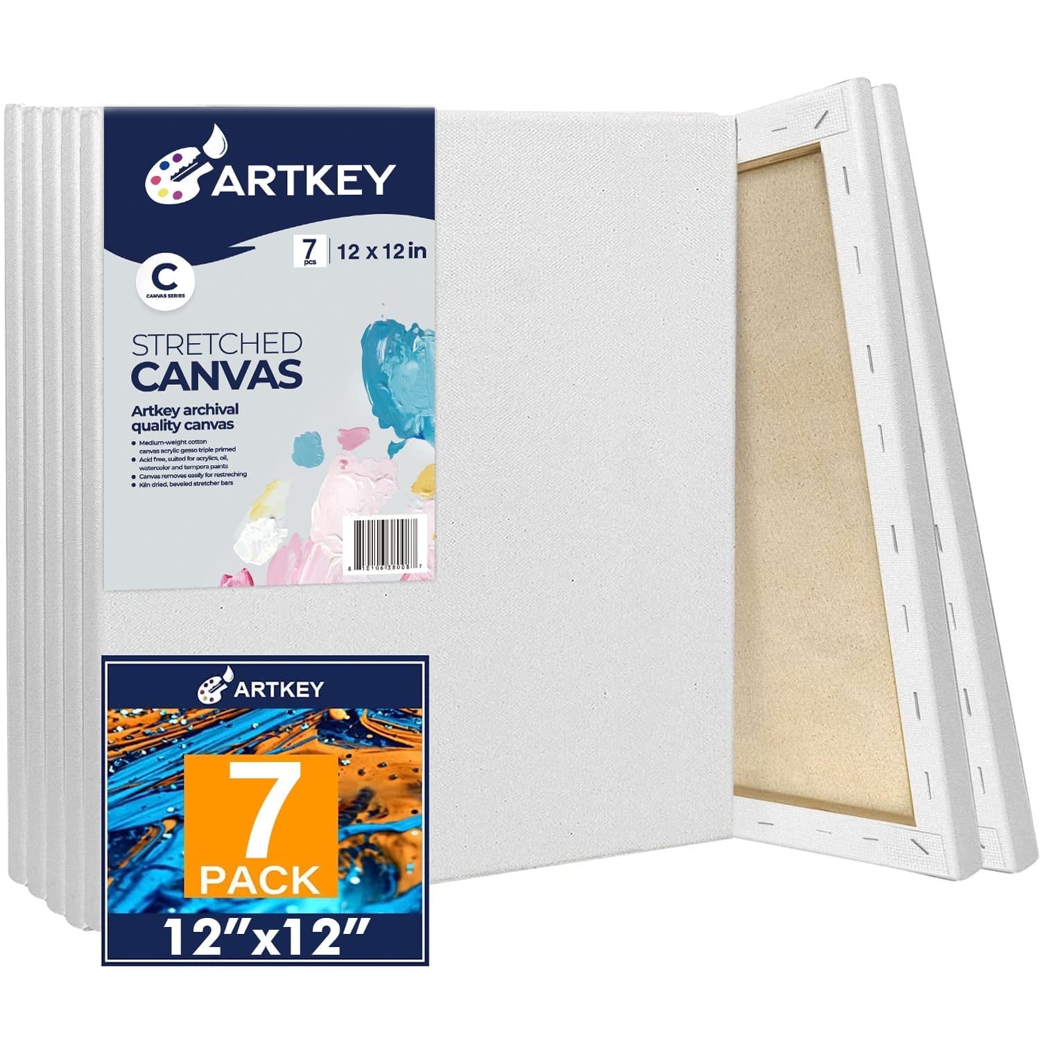 Artkey Stretched Canvas, 12"x12"-7 Pack,100% Cotton Acid-Free White ...