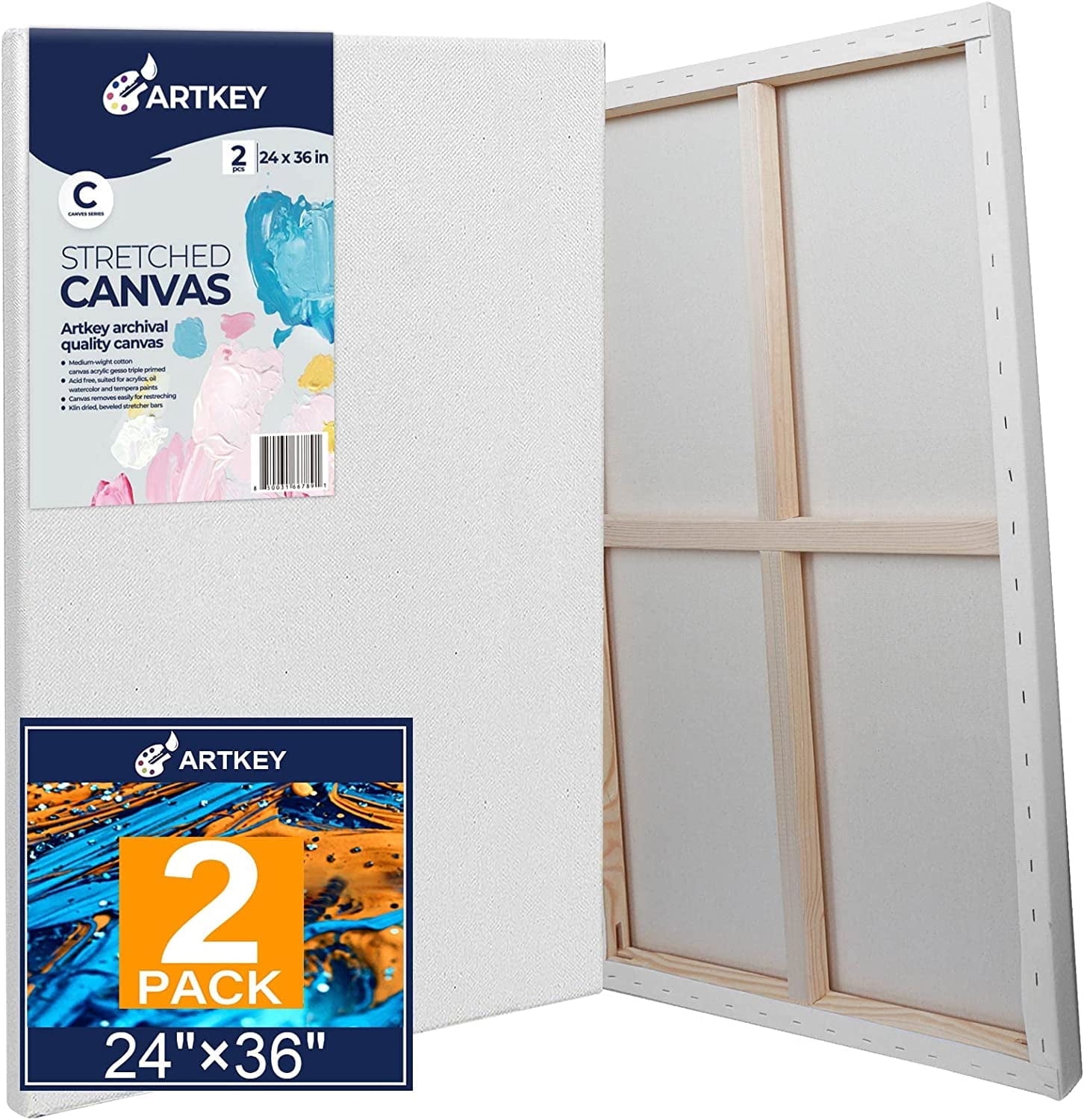 Artkey, Stretched Canvas, 24"x36" 2pk, 100% Cotton Acid-Free White ...