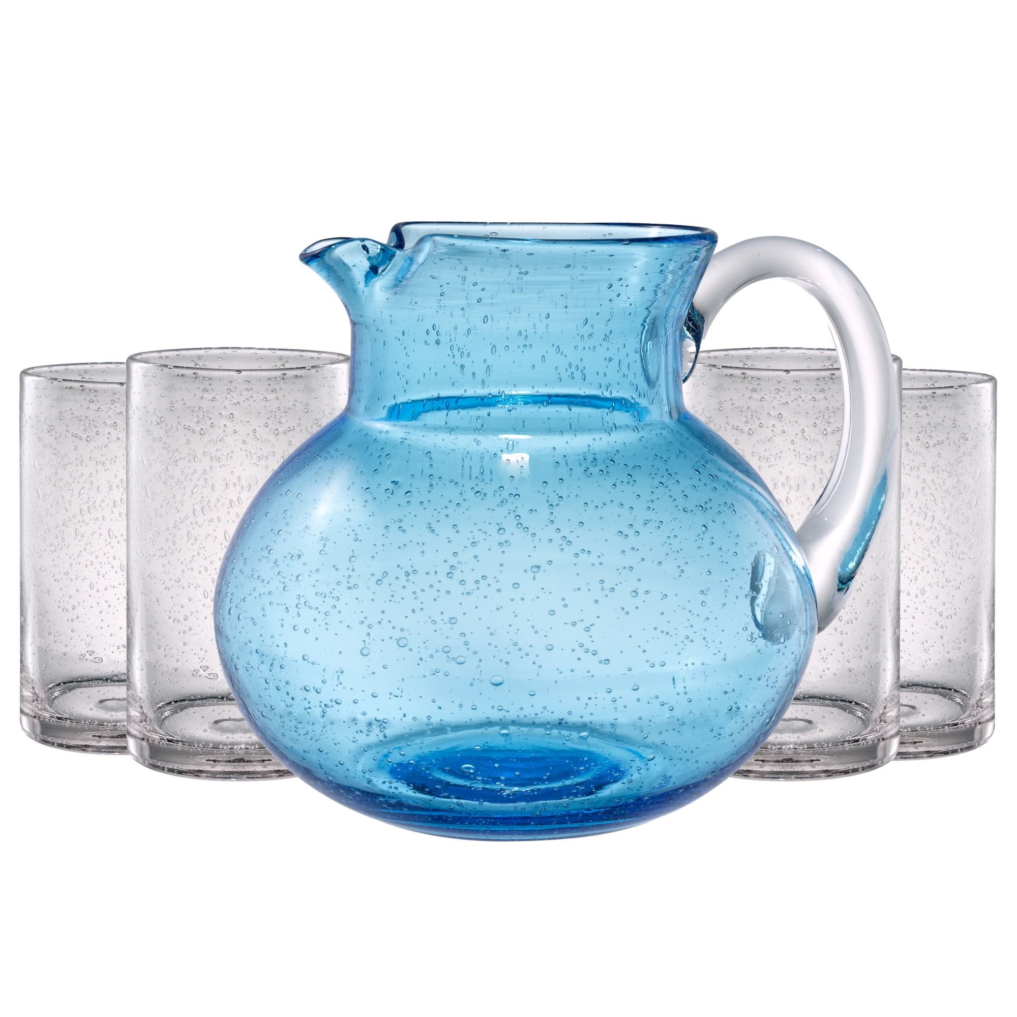 Artland Iris 90oz Hand-Blown Glass Pitcher & 17oz Highball Glasses (Set ...