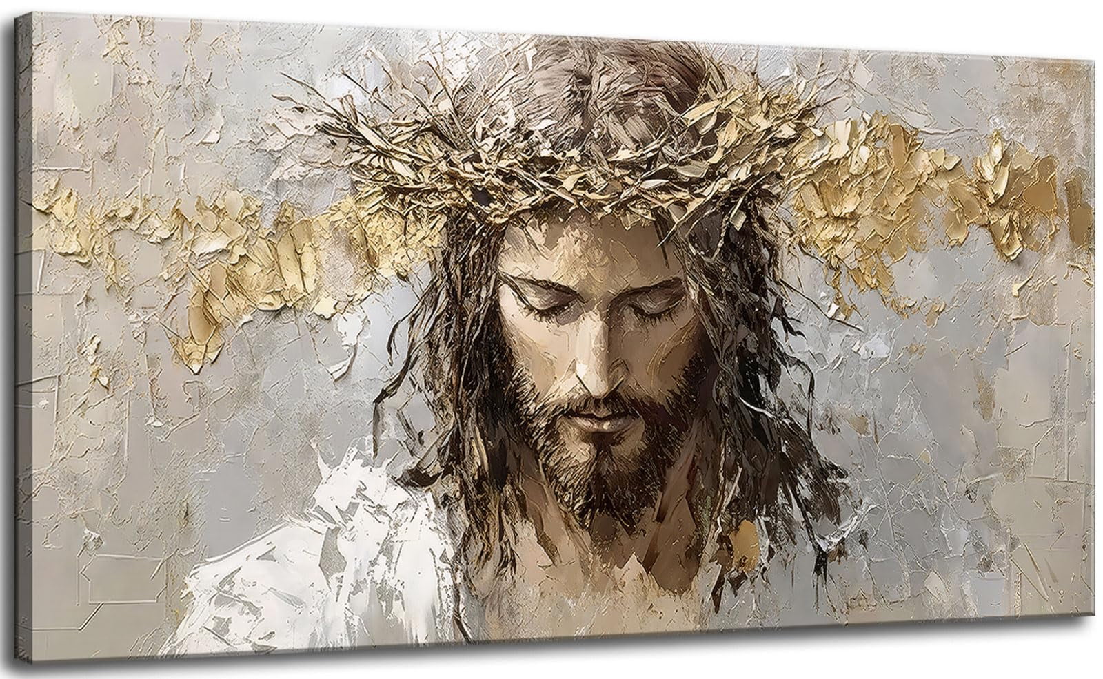 ArtlyWear Abstract Gold Thorns Jesus Portrait Canvas Wall Art Beige and ...