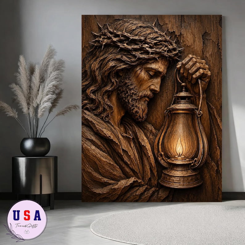 ArtlyWear Carved Wood Style Jesus with Lantern Religious Faith Canvas ...