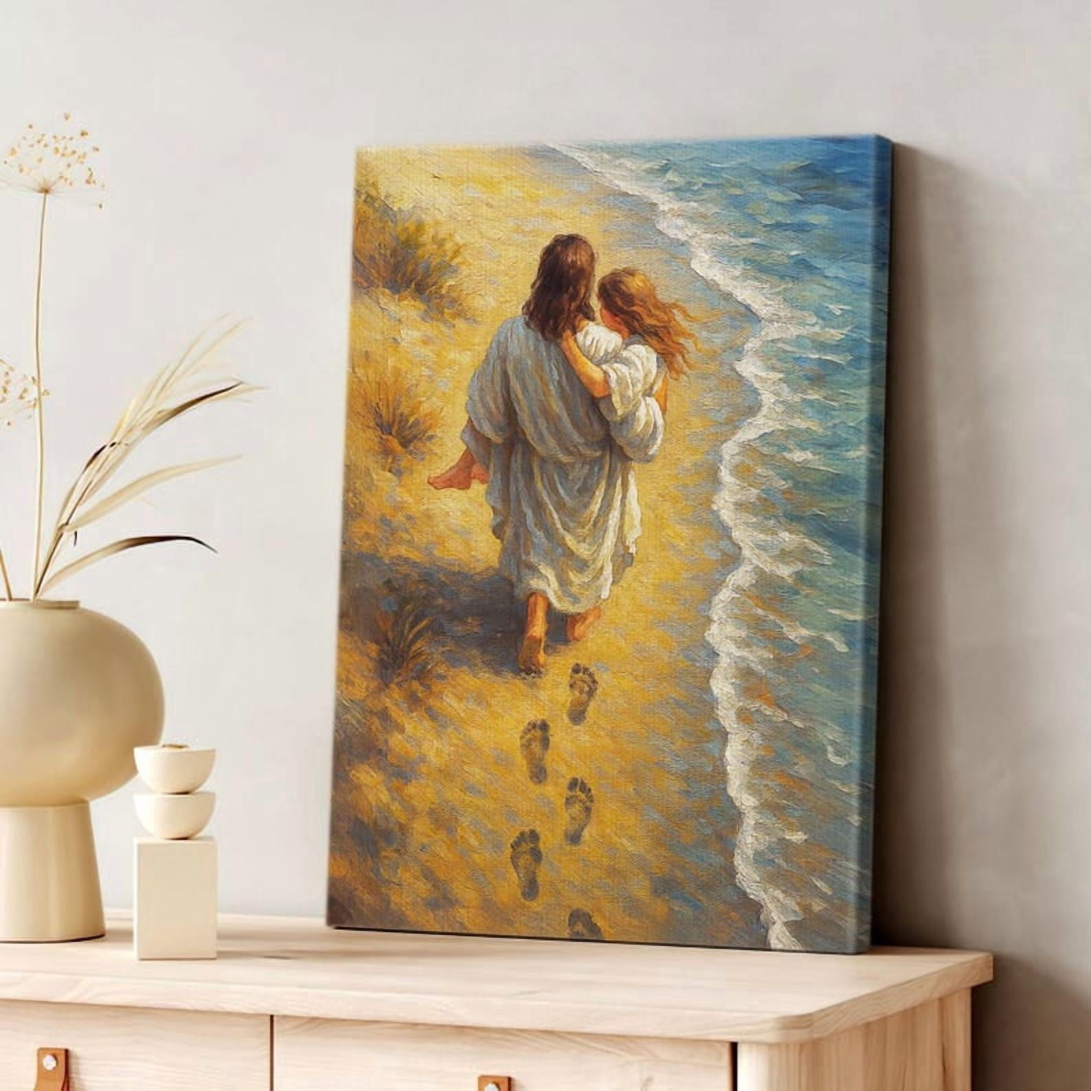 ArtlyWear He Carried Me Footprints in the Sand Jesus on Beach Wall Art ...