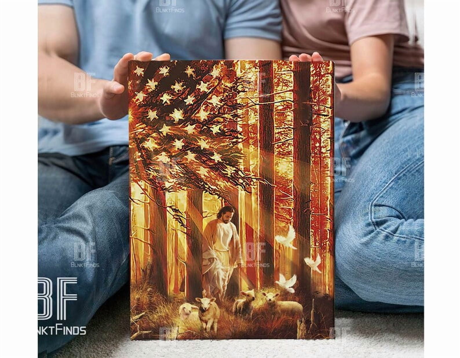 ArtlyWear Jesus Walking with Lambs and USA Flag Lion of Judah Christian ...