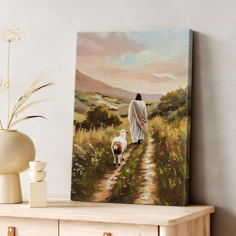 ArtlyWear Jesus Walking with Lost Lamb Christian Wall Art Faith Canvas ...