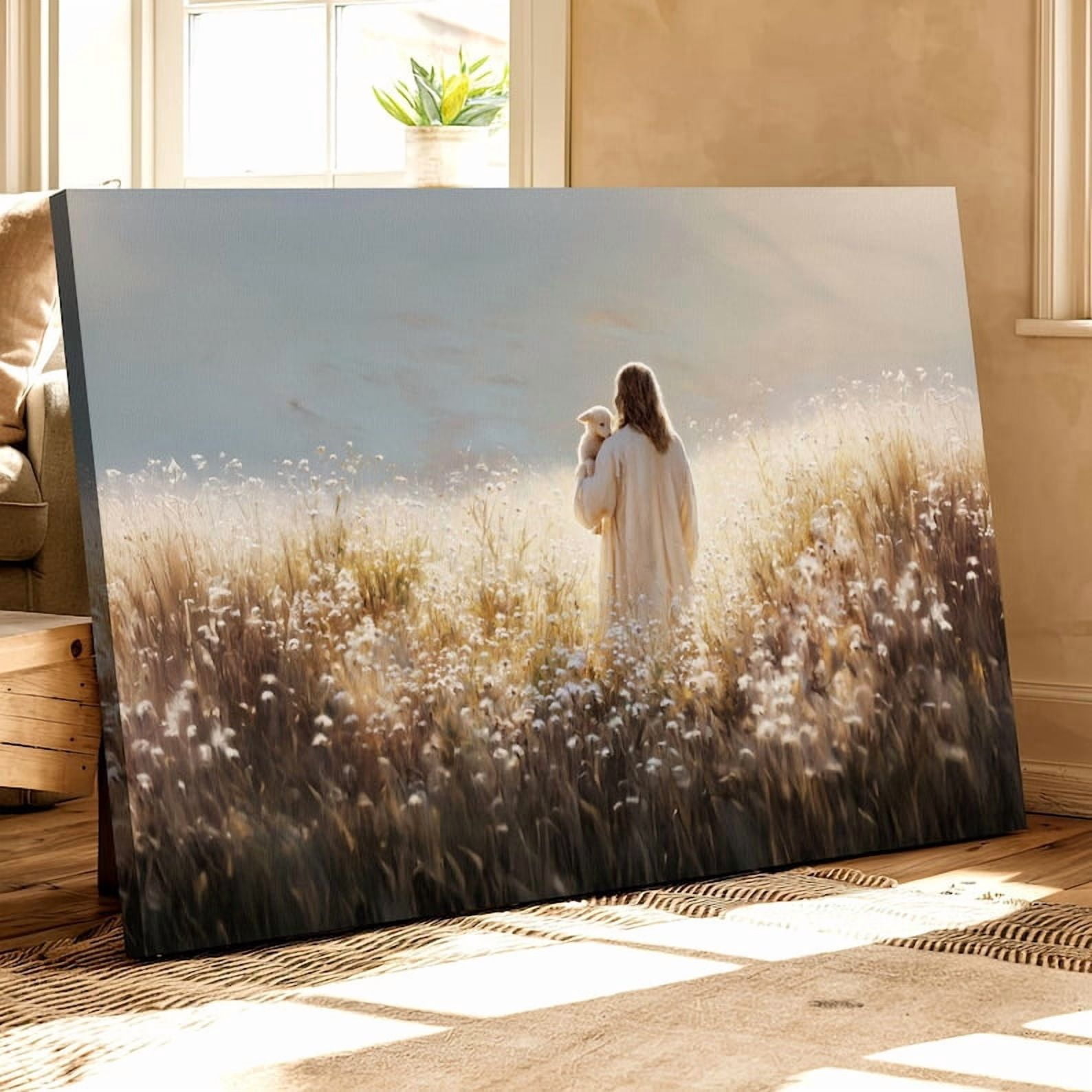 ArtlyWear Jesus in White Flowers The Good Shepherd Canvas Wall Art ...