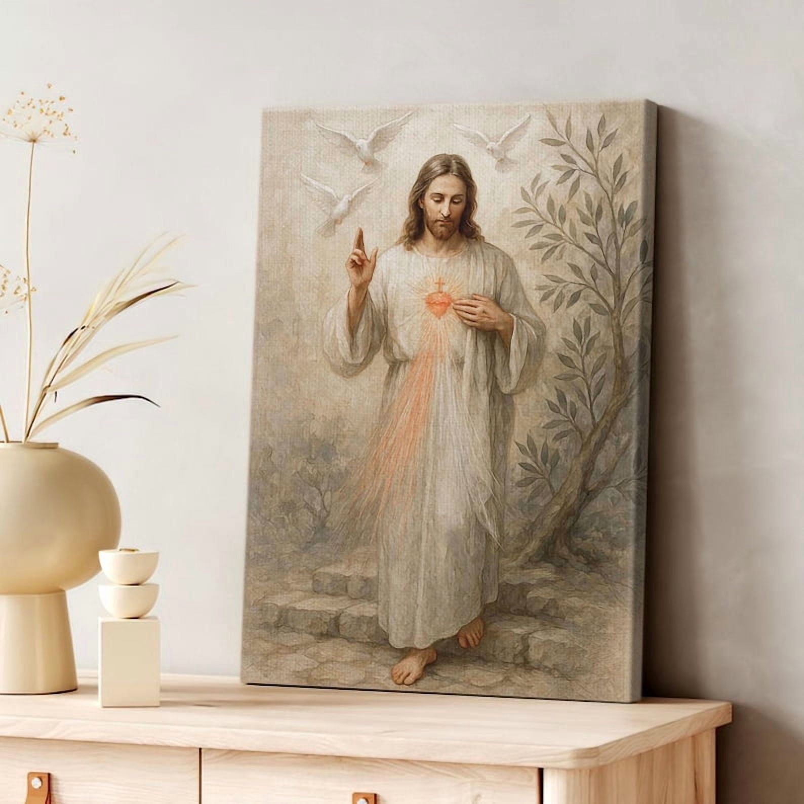 ArtlyWear Sacred Heart of Jesus with Doves Canvas Wall Art Catholic ...