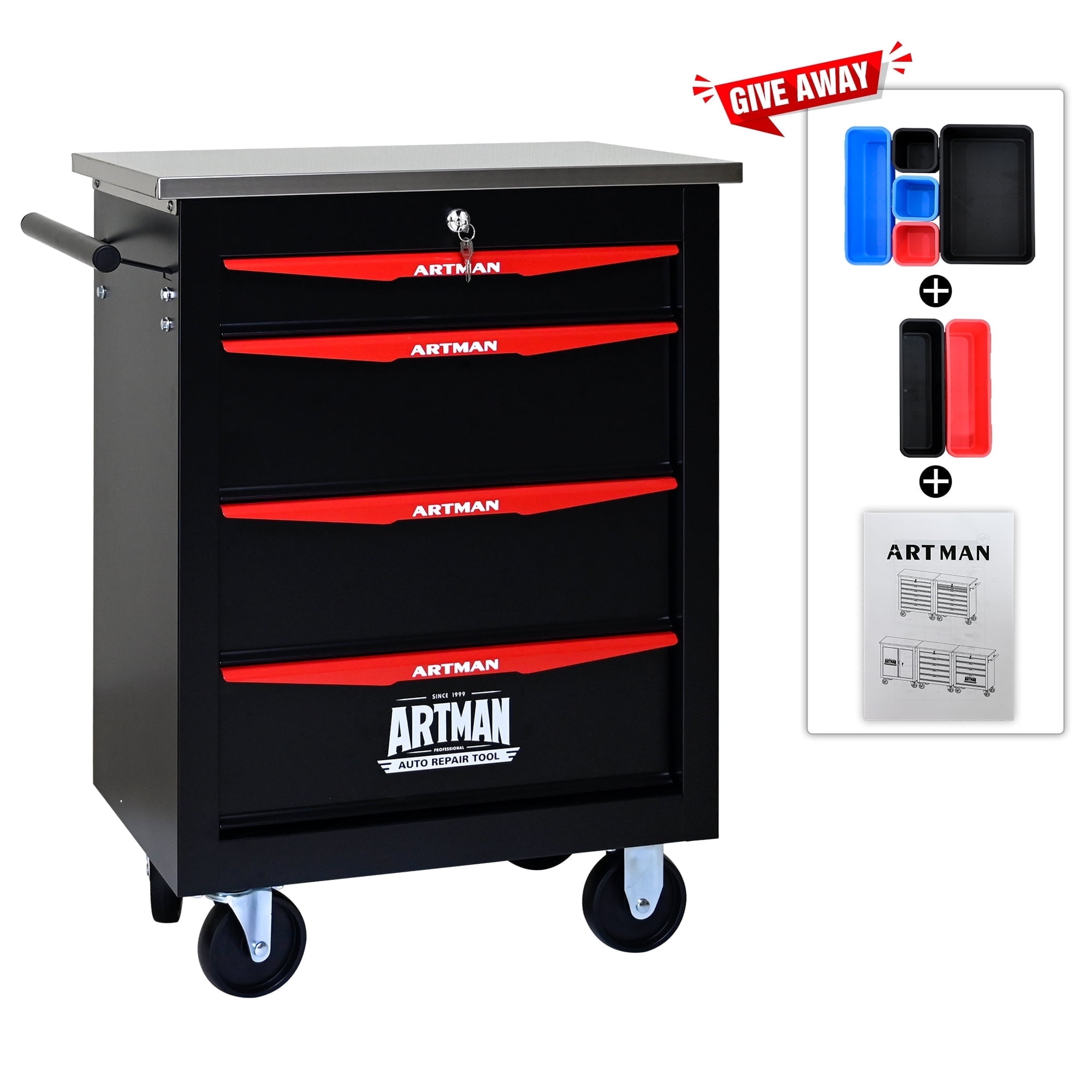 ARTMAN 4 Drawers Steel Storage Rolling Tool Chest Cabinet Cart ,with Wheels and Stainless Steel ...