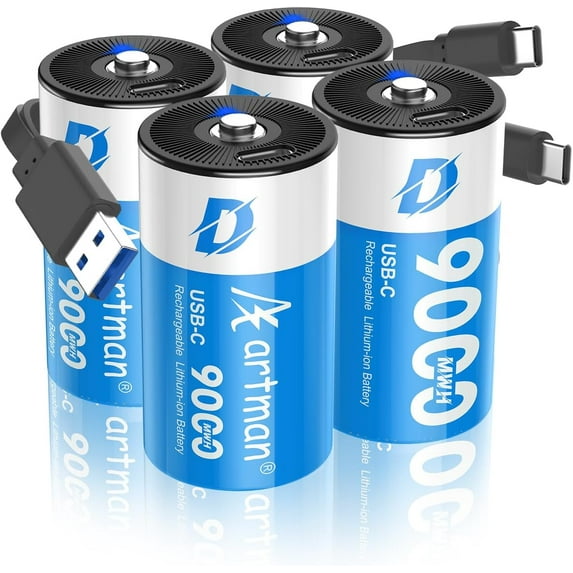 Artman Rechargeable Lithium D Batteries 4 Pack, 9000mWh Rechargeable ...